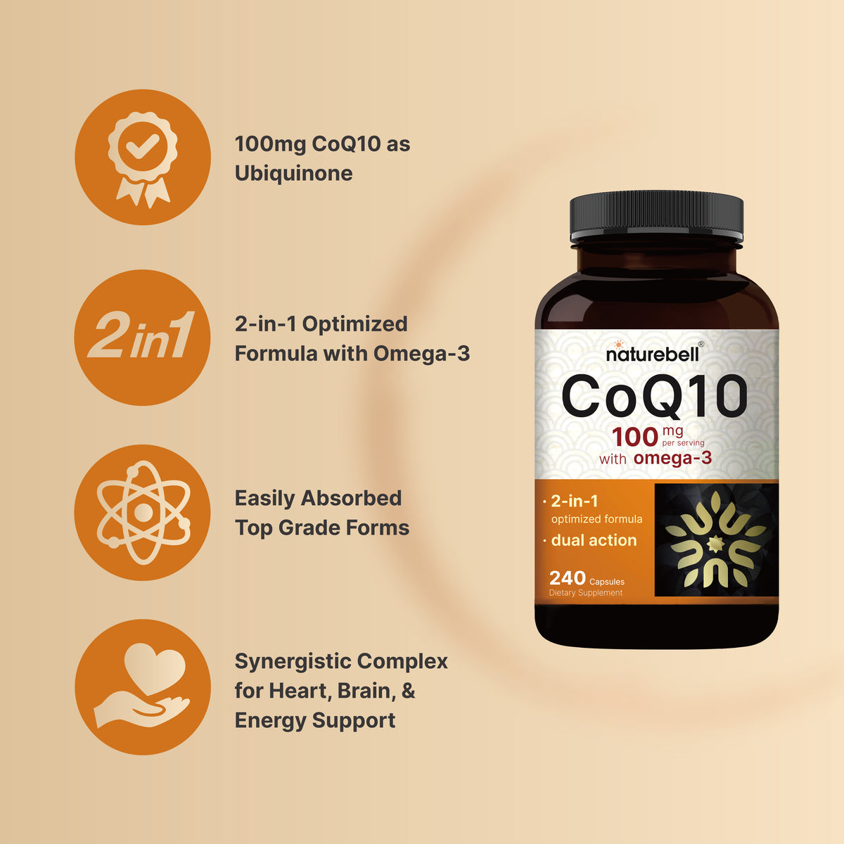 CoQ10 (Ubiquinone) 100mg with Omega 3 Fatty Acids, 240 Capsules – NatureBell