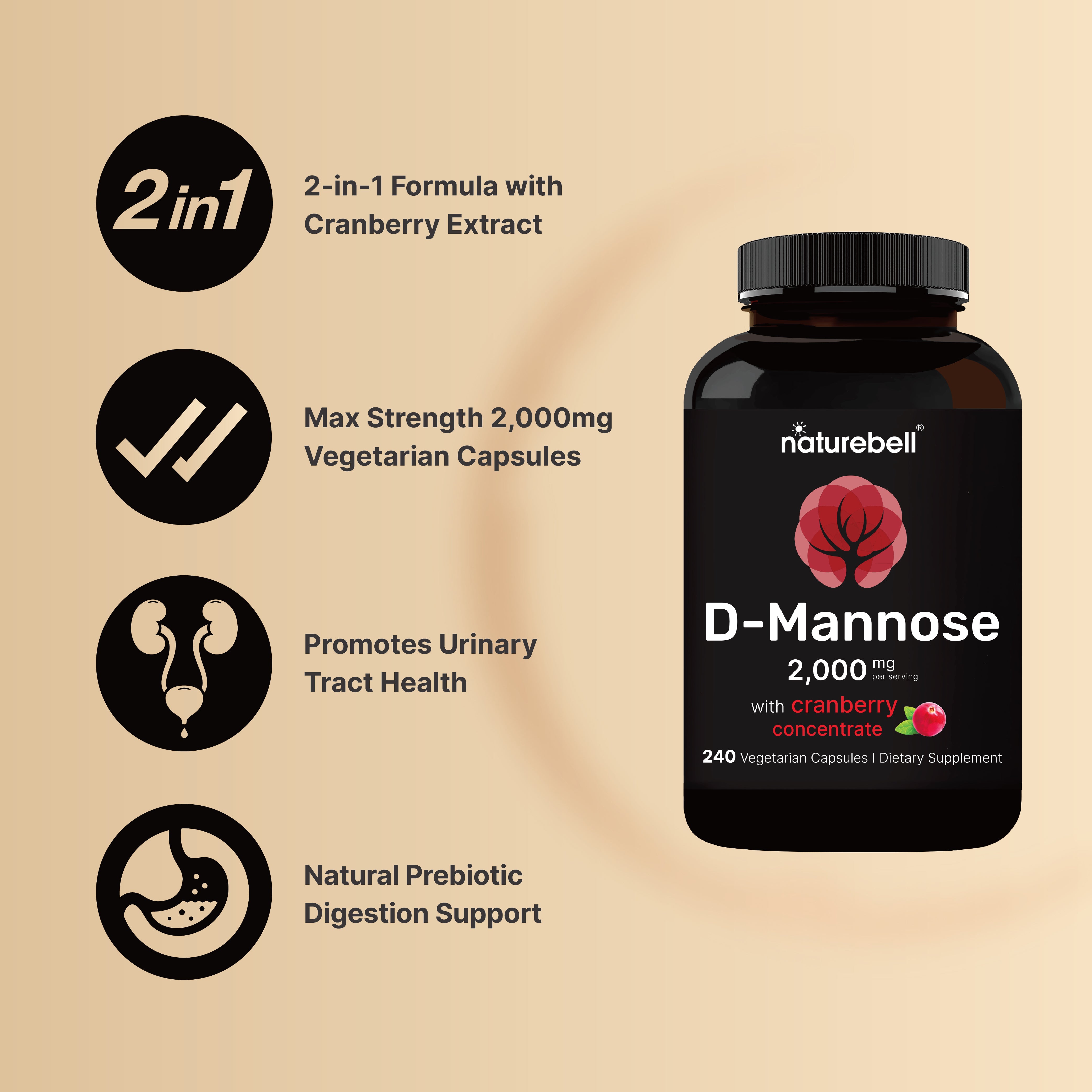 D-Mannose 2000mg with Cranberry Extract 400mg, 240 Veggie Capsules ...