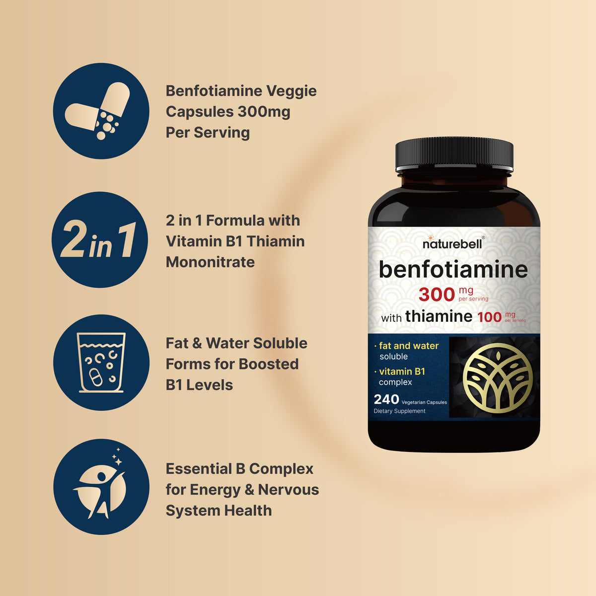 Benfotiamine 300mg with Thiamine 100mg Per Serving | 240 Veggie Capsul ...