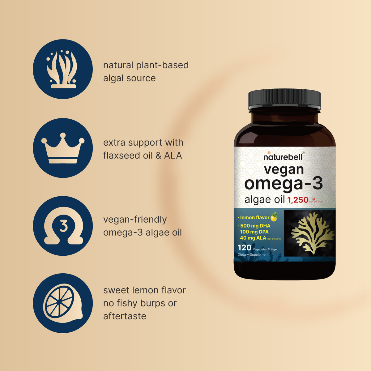 Vegan Omega 3 Algae Oil Supplement 1,250 mg Per Serving 120 Veggie Sof ...