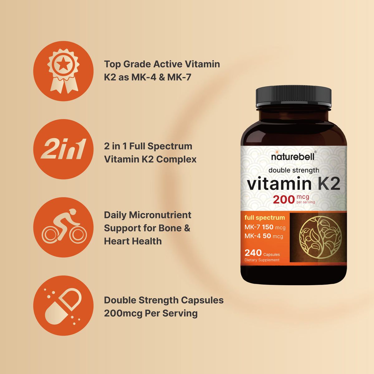 Vitamin K2 Supplement with MK-7 & MK-4, 200 mcg, 240 Capsules – NatureBell