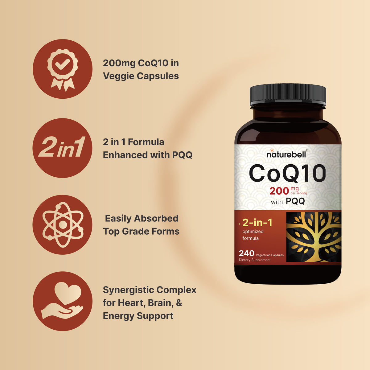 CoQ10 (Ubiquinone) 200mg with PQQ, 240 Veggie Capsules – NatureBell