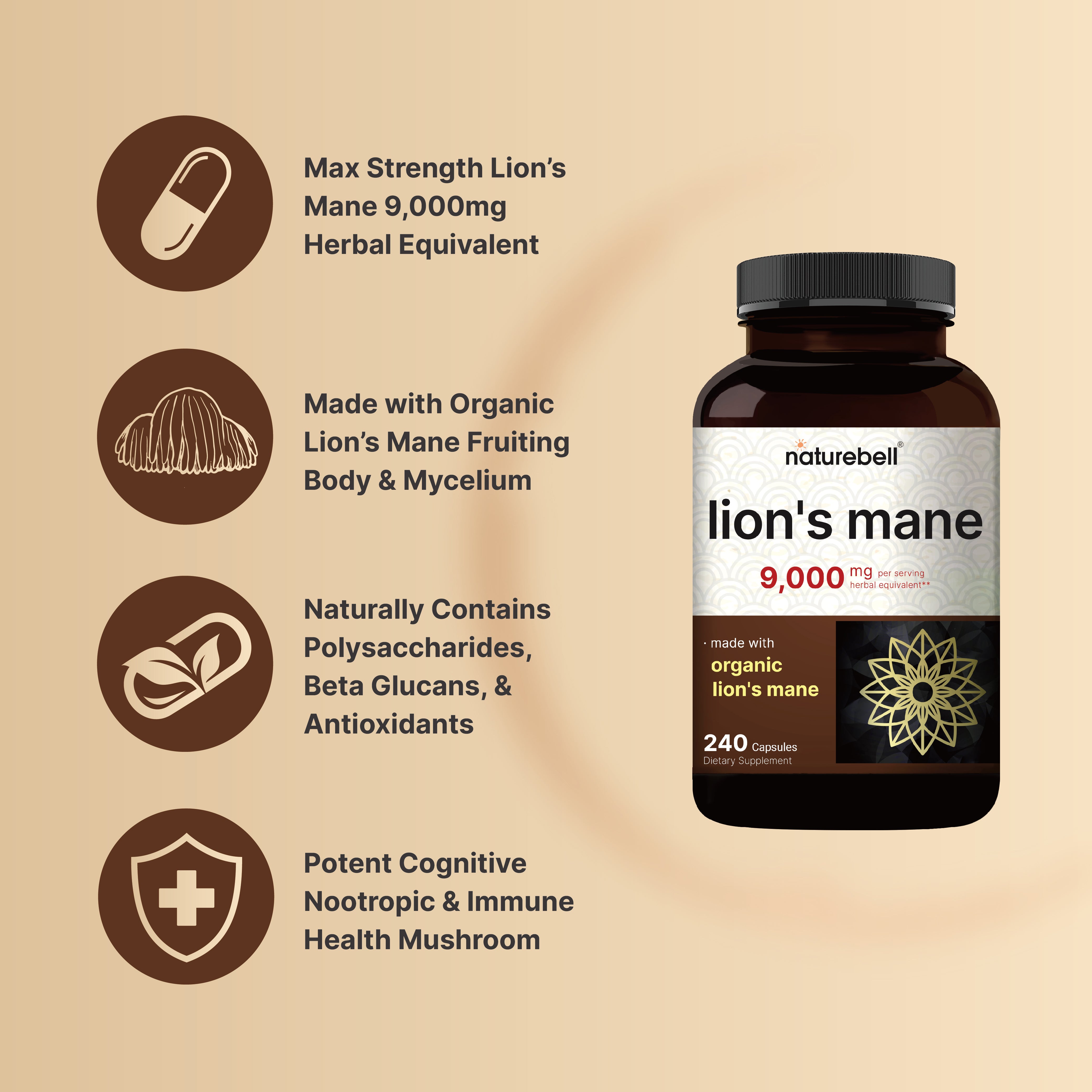Lions Mane Supplement 9,000mg Per Serving, 240 Capsules – NatureBell