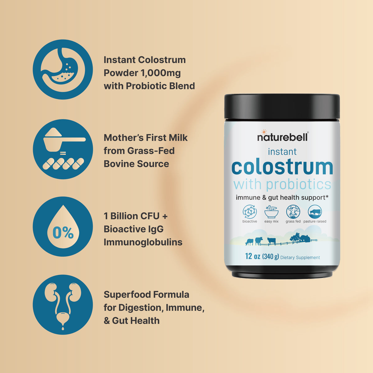 Instant Colostrum Powder 1,000mg with Probiotics, 12oz – NatureBell