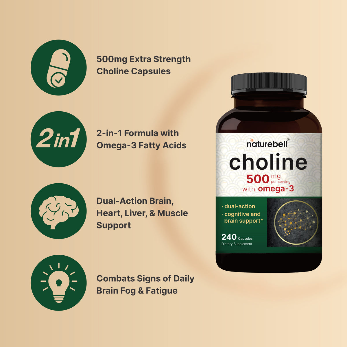 Choline Supplements 500mg with Omega-3 Fatty Acids, 240 Capsules ...