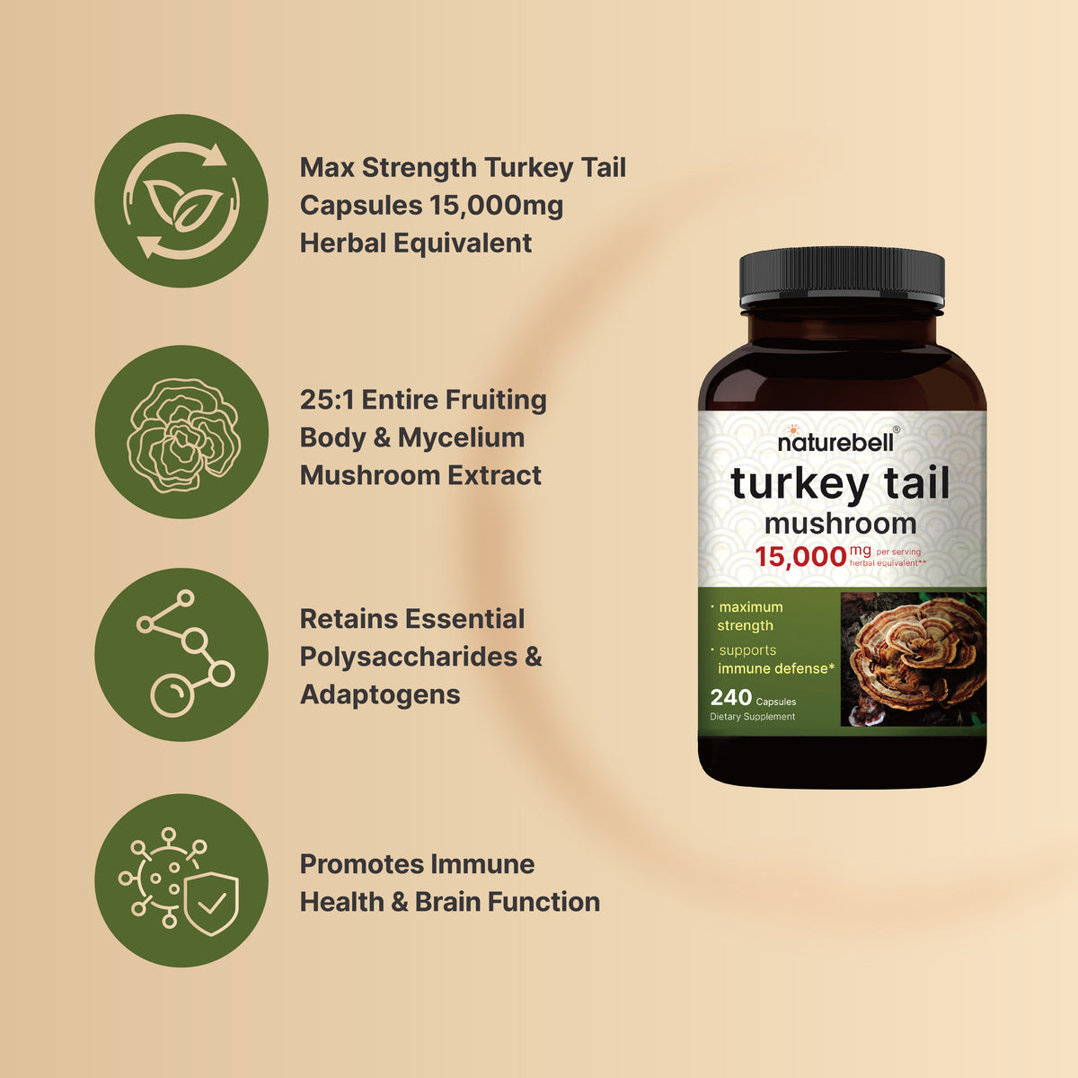 Turkey Tail Mushroom Capsules 15,000mg Per Serving, 240 Count – NatureBell