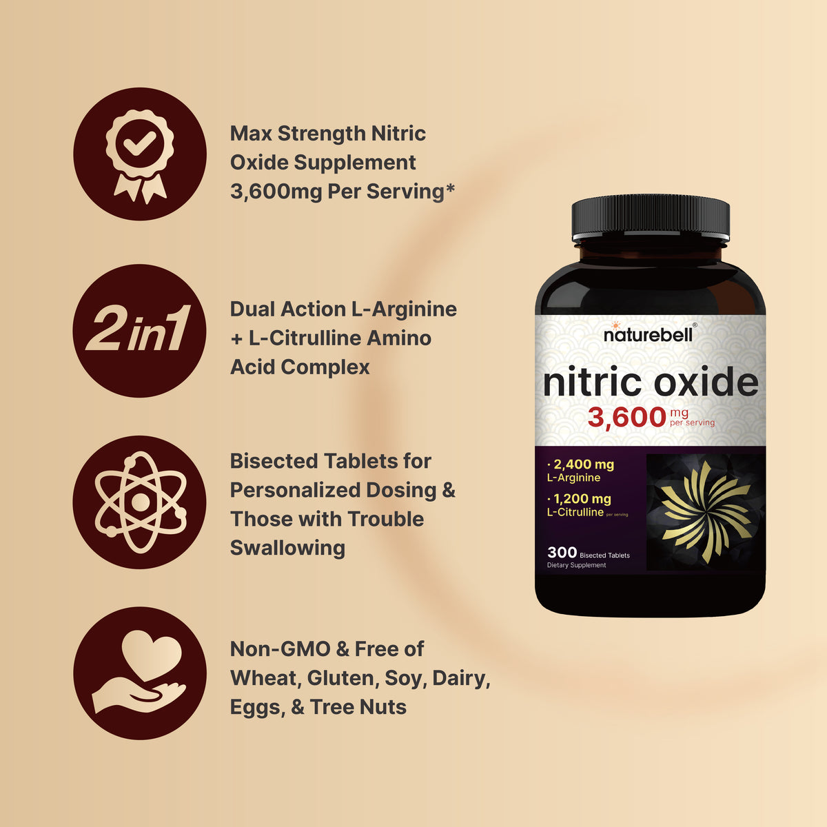 Nitric Oxide Supplement 3,600mg, 300 Bisected Tablets – NatureBell