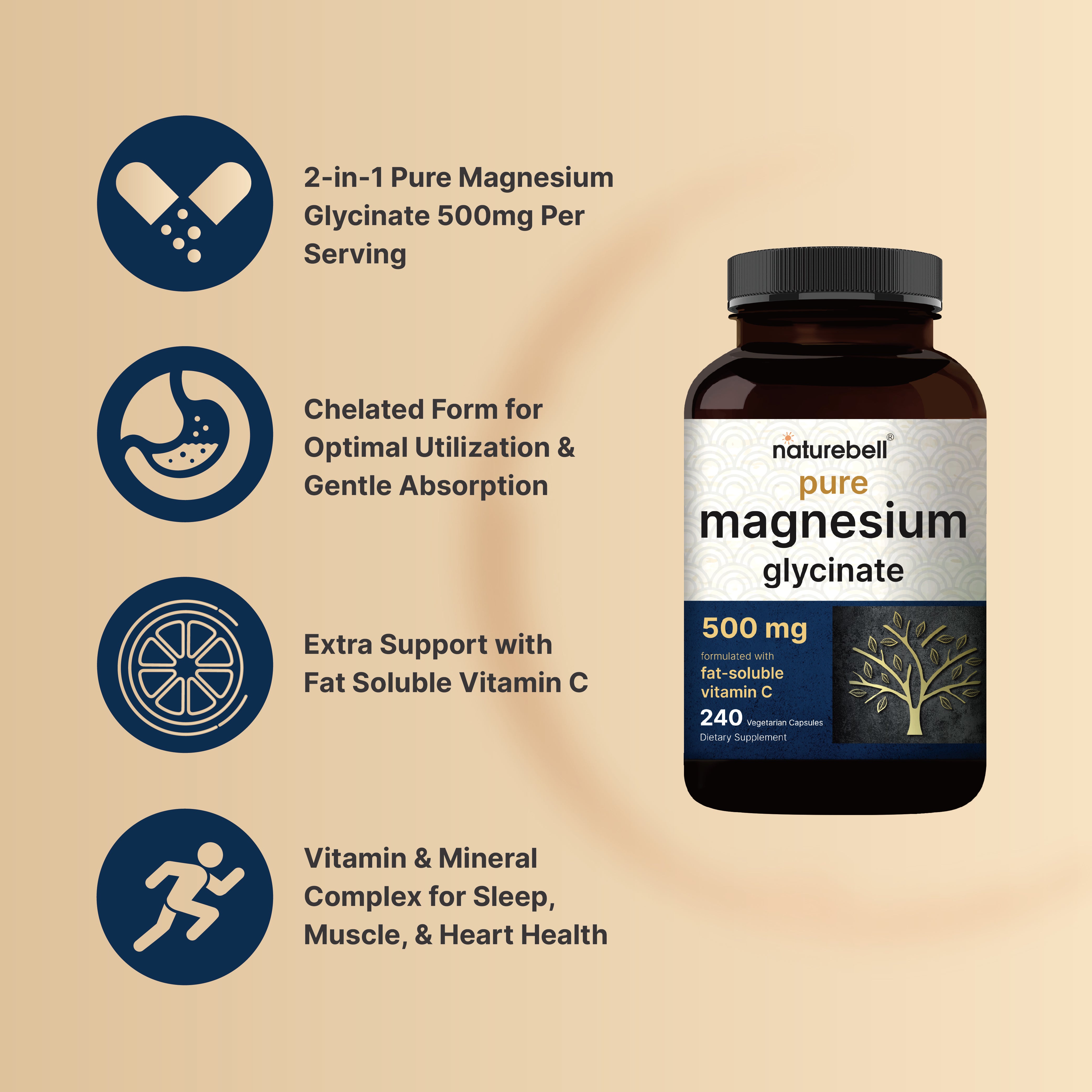 Pure Magnesium Glycinate 500mg with Fat Soluble Vitamin C, Veggie Caps ...