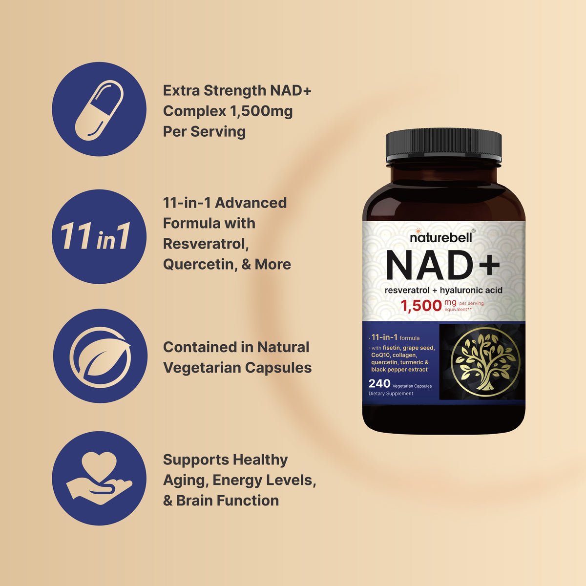 NAD+ 1,500mg Per Serving, 240 Veggie Capsules – NatureBell