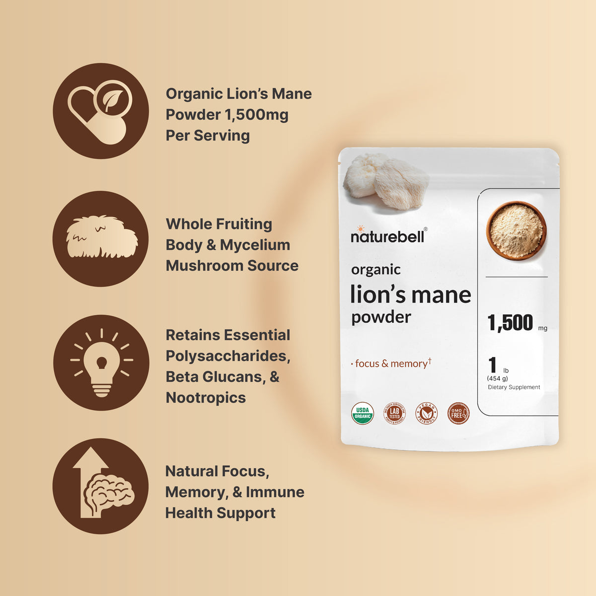 Organic Lions Mane Powder 1,500mg Per Serving, 1lb – NatureBell
