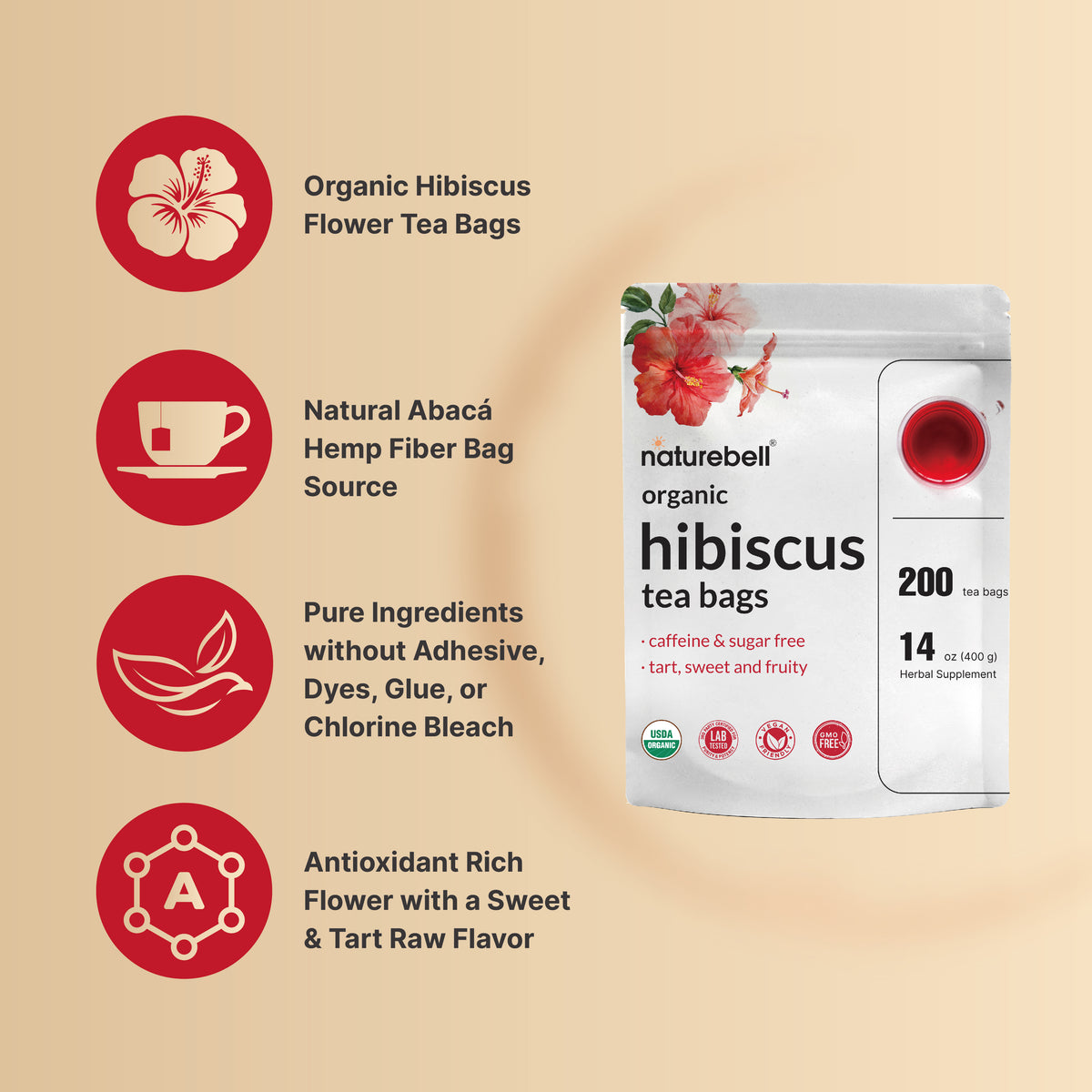 Organic Hibiscus Tea, 200 Abacá Hemp Fiber Tea Bags – NatureBell