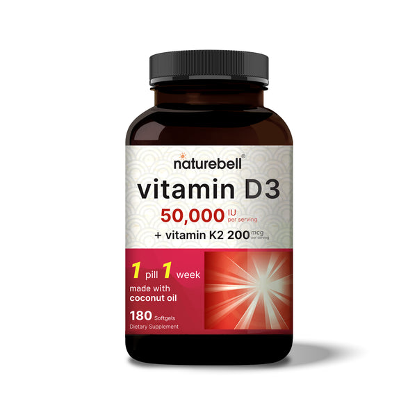 Vitamin D3 50,000 iu with K2 200 mcg, 180 Coconut Oil Softgels – NatureBell